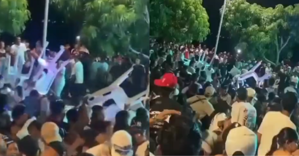 Caos en Plaza María Varilla por pelea masiva con sillas que interrumpe ...